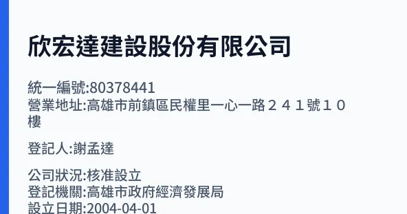 欣宏達建設股份有限公司的照片-統編 80378441(高雄市) 公司登記資料與營業項目詳細圖表