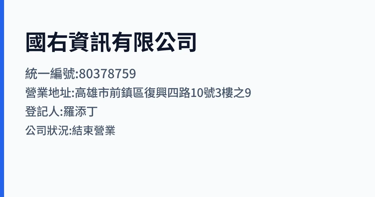 國右資訊有限公司 - 統編 80378759(高雄市) 公司登記資料與營業項目詳細圖表