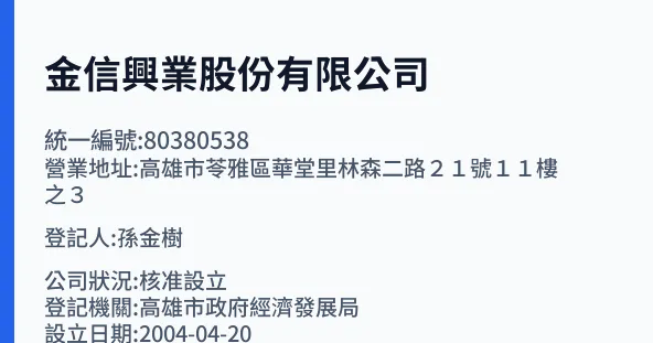 金信興業股份有限公司的照片-統編 80380538(高雄市) 公司登記資料與營業項目詳細圖表