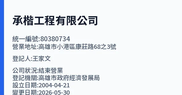 承楷工程有限公司的照片-統編 80380734(高雄市) 公司登記資料與營業項目詳細圖表