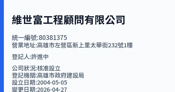 維世富工程顧問有限公司的照片-統編 80381375(高雄市) 公司登記資料與營業項目詳細圖表