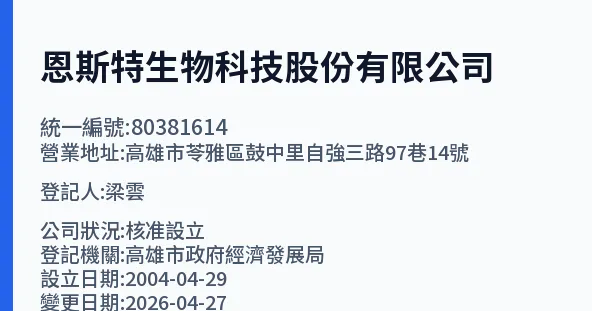 恩斯特生物科技股份有限公司的照片-統編 80381614(高雄市) 公司登記資料與營業項目詳細圖表