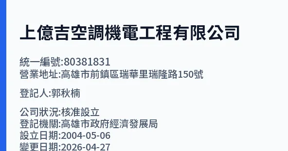 上億吉空調機電工程有限公司的照片-統編 80381831(高雄市) 公司登記資料與營業項目詳細圖表