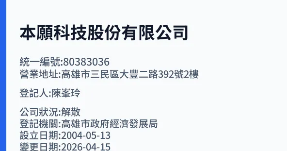 本願科技股份有限公司的照片-統編 80383036(高雄市) 公司登記資料與營業項目詳細圖表