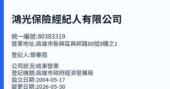 鴻光保險經紀人有限公司的照片-統編 80383319(高雄市) 公司登記資料與營業項目詳細圖表