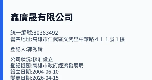 鑫廣晟有限公司的照片-統編 80383492(高雄市) 公司登記資料與營業項目詳細圖表