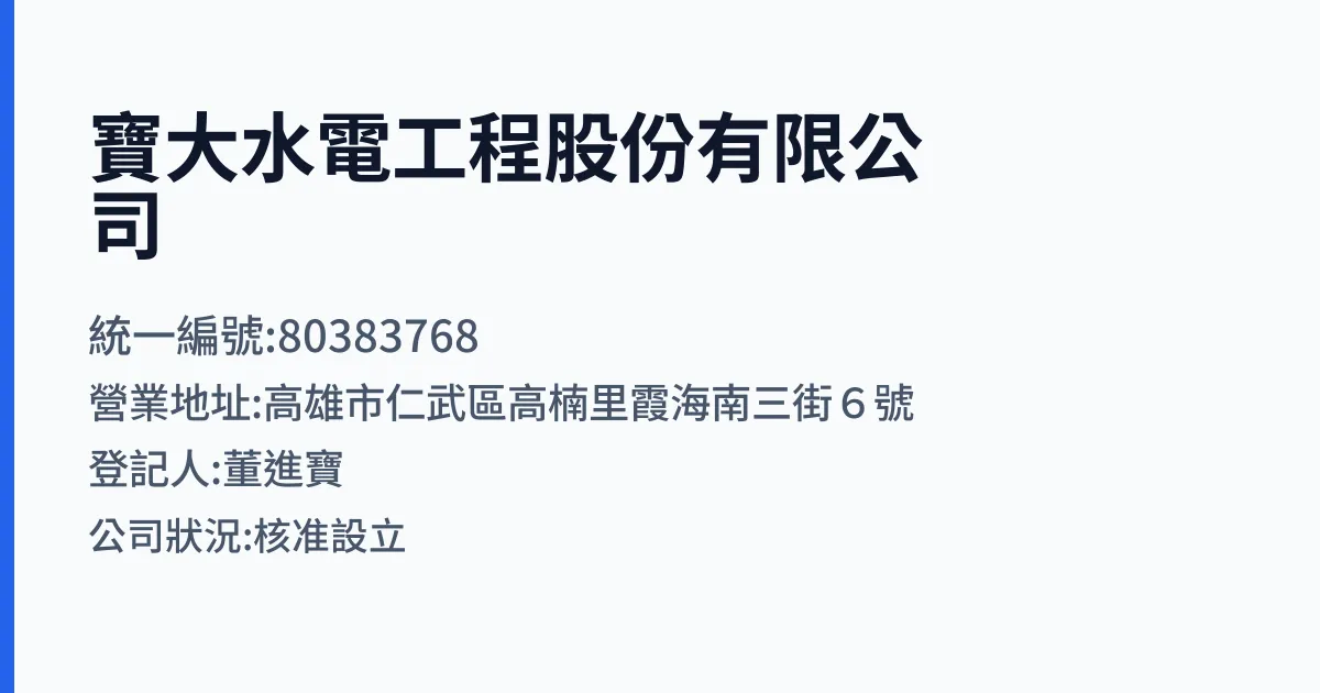 寶大水電工程股份有限公司 - 統編 80383768(高雄市) 公司登記資料與營業項目詳細圖表