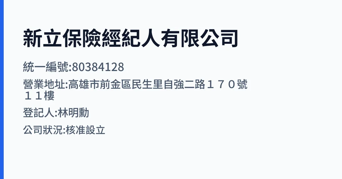 新立保險經紀人有限公司 - 統編 80384128(高雄市) 公司登記資料與營業項目詳細圖表