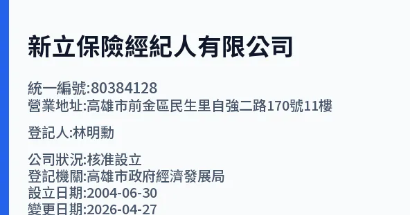 新立保險經紀人有限公司的照片-統編 80384128(高雄市) 公司登記資料與營業項目詳細圖表