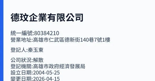 德玟企業有限公司的照片-統編 80384210(高雄市) 公司登記資料與營業項目詳細圖表