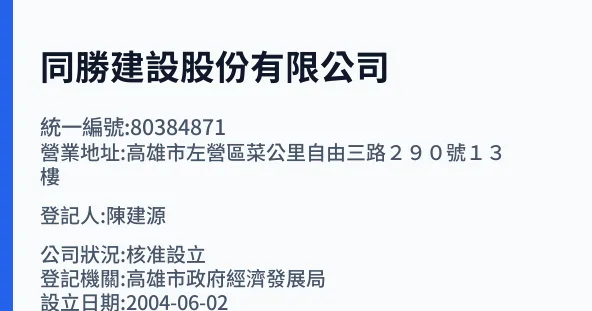 同勝建設股份有限公司的照片-統編 80384871(高雄市) 公司登記資料與營業項目詳細圖表