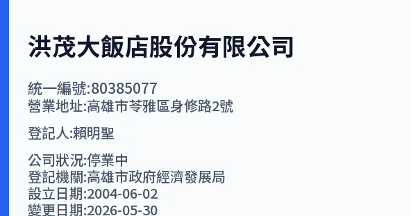 洪茂大飯店股份有限公司的照片-統編 80385077(高雄市) 公司登記資料與營業項目詳細圖表