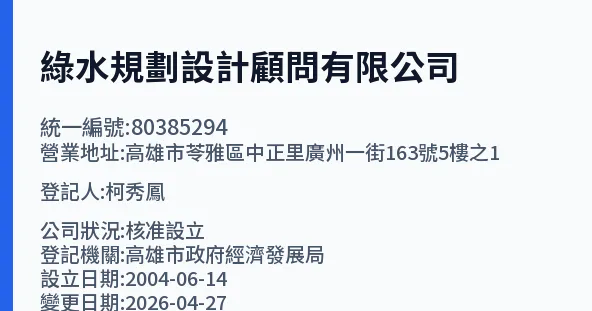 綠水規劃設計顧問有限公司的照片-統編 80385294(高雄市) 公司登記資料與營業項目詳細圖表