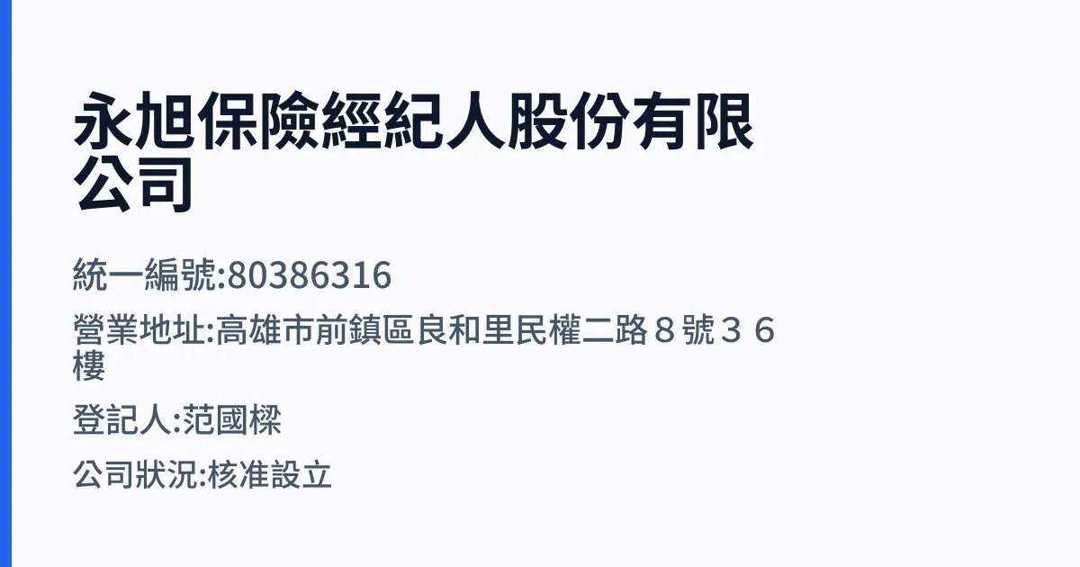 永旭保險經紀人股份有限公司 - 統編 80386316(高雄市) 公司登記資料與營業項目詳細圖表