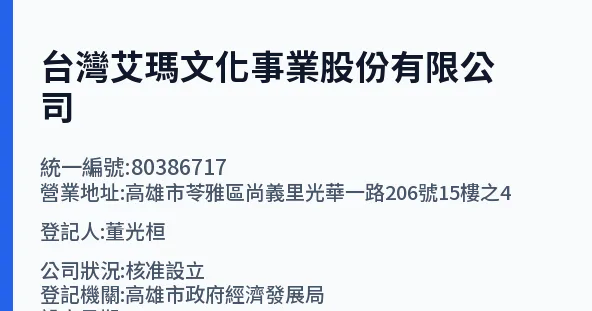 台灣艾瑪文化事業股份有限公司的照片-統編 80386717(高雄市) 公司登記資料與營業項目詳細圖表