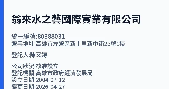 翁來水之藝國際實業有限公司的照片-統編 80388031(高雄市) 公司登記資料與營業項目詳細圖表
