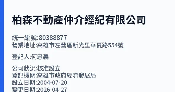 柏森不動產仲介經紀有限公司的照片-統編 80388877(高雄市) 公司登記資料與營業項目詳細圖表