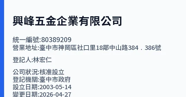 興峰五金企業有限公司的照片-統編 80389209(臺中市) 公司登記資料與營業項目詳細圖表