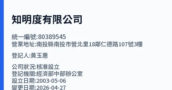 知明度有限公司的照片-統編 80389545(南投縣) 公司登記資料與營業項目詳細圖表