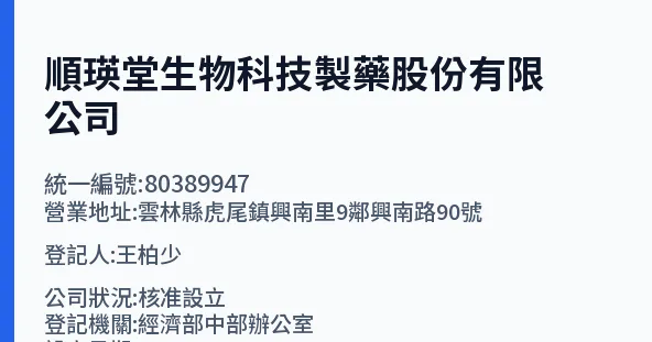 順瑛堂生物科技製藥股份有限公司的照片-統編 80389947(雲林縣) 公司登記資料與營業項目詳細圖表