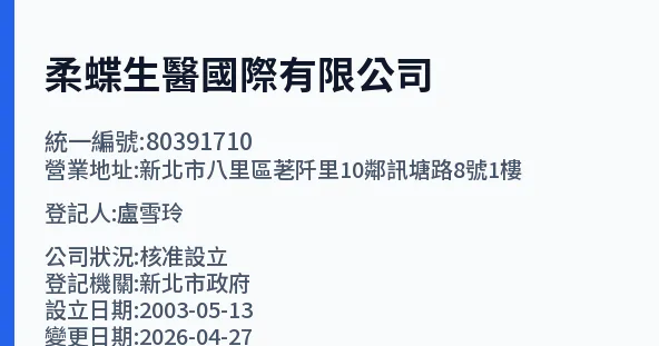 柔蝶生醫國際有限公司的照片-統編 80391710(新北市) 公司登記資料與營業項目詳細圖表