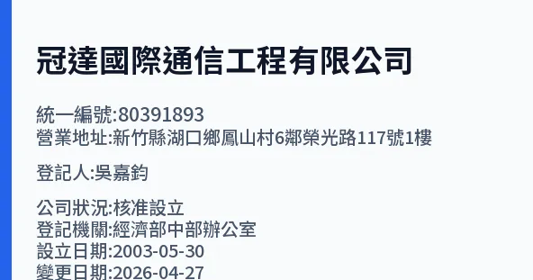冠達國際通信工程有限公司的照片-統編 80391893(新竹縣) 公司登記資料與營業項目詳細圖表
