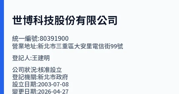 世博科技股份有限公司的照片-統編 80391900(新北市) 公司登記資料與營業項目詳細圖表