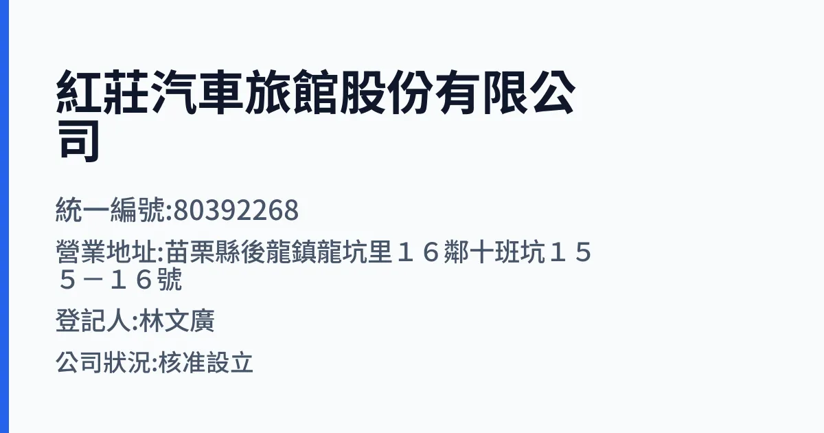 紅莊汽車旅館股份有限公司 - 統編 80392268(苗栗縣) 公司登記資料與營業項目詳細圖表