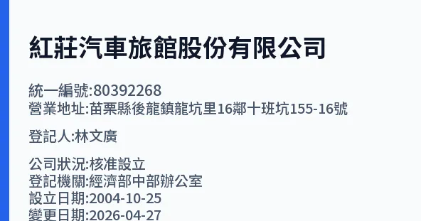 紅莊汽車旅館股份有限公司的照片-統編 80392268(苗栗縣) 公司登記資料與營業項目詳細圖表