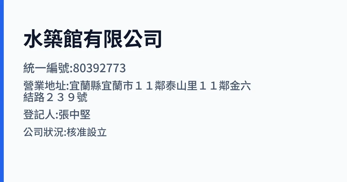 水築館有限公司 - 統編 80392773（宜蘭縣） 公司登記資料與營業項目詳細圖表