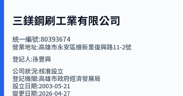 三鎂鋼刷工業有限公司的照片-統編 80393674(高雄市) 公司登記資料與營業項目詳細圖表