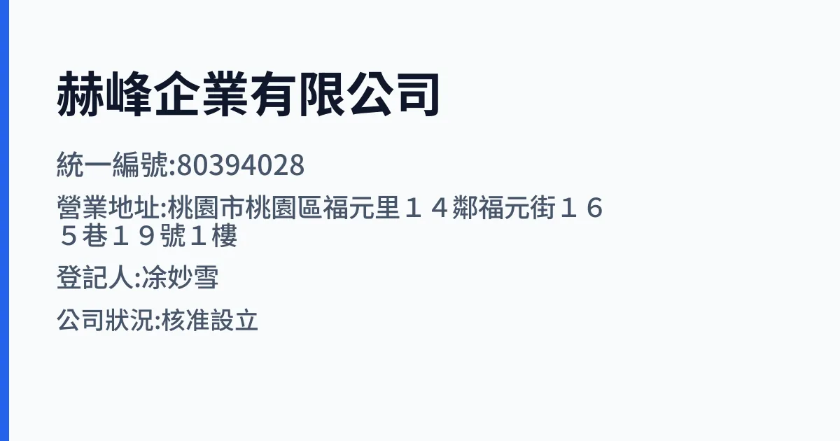 赫峰企業有限公司 - 統編 80394028(桃園市) 公司登記資料與營業項目詳細圖表