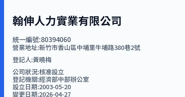 翰伸人力實業有限公司的照片-統編 80394060(新竹市) 公司登記資料與營業項目詳細圖表