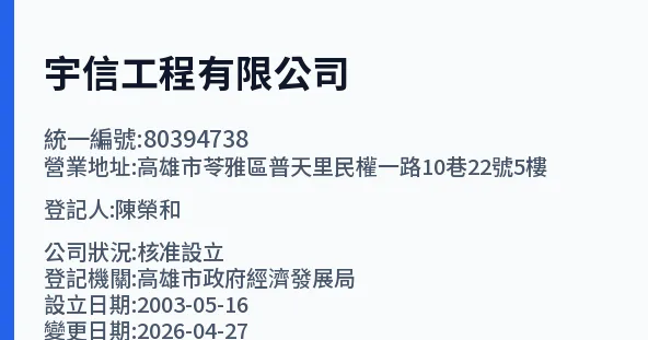 宇信工程有限公司的照片-統編 80394738(高雄市) 公司登記資料與營業項目詳細圖表