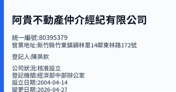 阿貴不動產仲介經紀有限公司的照片-統編 80395379(新竹縣) 公司登記資料與營業項目詳細圖表