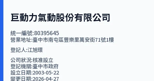 巨動力氣動股份有限公司的照片-統編 80395645(臺中市) 公司登記資料與營業項目詳細圖表
