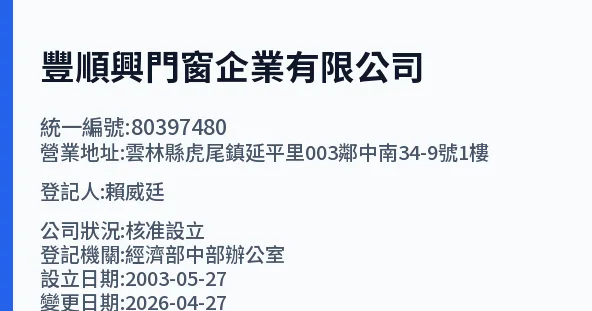 豐順興門窗企業有限公司的照片-統編 80397480(雲林縣) 公司登記資料與營業項目詳細圖表