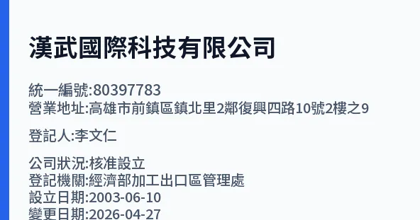 漢武國際科技有限公司的照片-統編 80397783(高雄市) 公司登記資料與營業項目詳細圖表