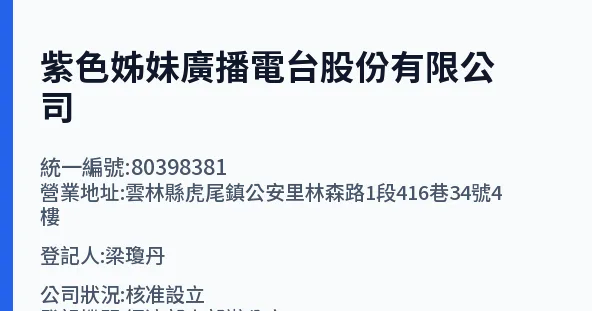 紫色姊妹廣播電台股份有限公司的照片-統編 80398381(雲林縣) 公司登記資料與營業項目詳細圖表