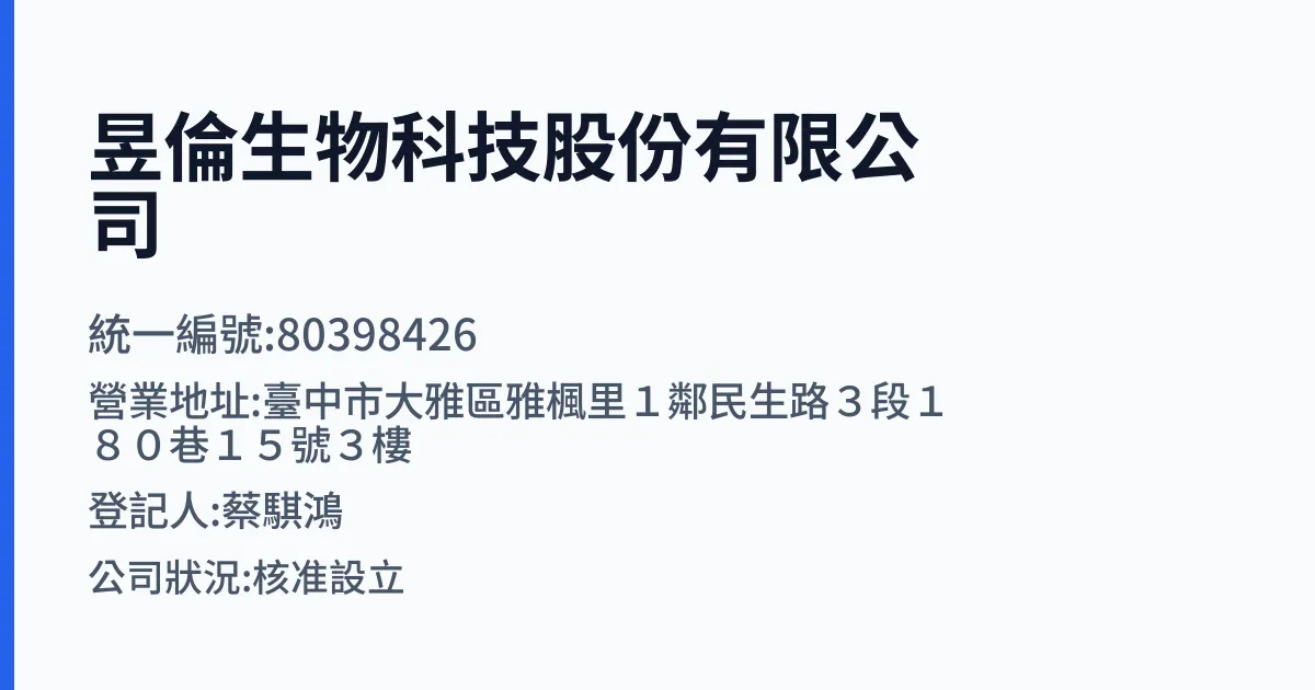 昱倫生物科技股份有限公司 - 統編 80398426(臺中市) 公司登記資料與營業項目詳細圖表
