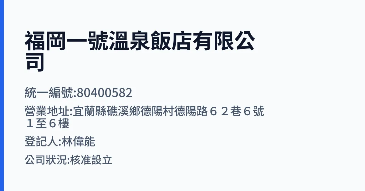 福岡一號溫泉飯店有限公司 - 統編 80400582(宜蘭縣) 公司登記資料與營業項目詳細圖表