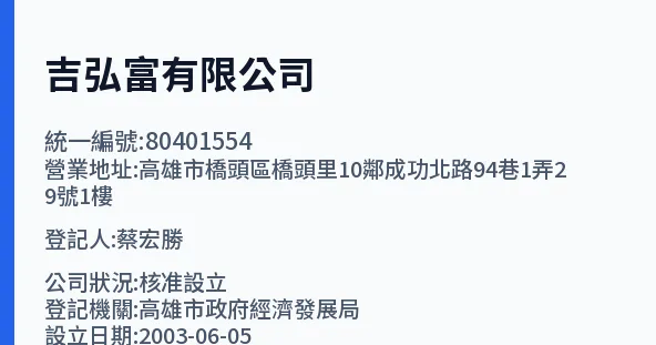 吉弘富有限公司的照片-統編 80401554(高雄市) 公司登記資料與營業項目詳細圖表