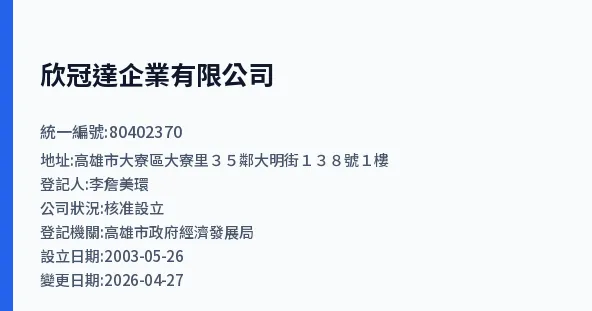 欣冠達企業有限公司的照片-統編 80402370(高雄市) 公司登記資料與營業項目詳細圖表