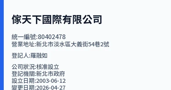 傢天下國際有限公司的照片-統編 80402478(新北市) 公司登記資料與營業項目詳細圖表