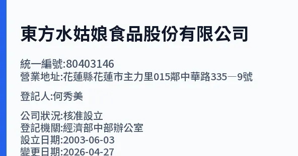 東方水姑娘食品股份有限公司的照片-統編 80403146(花蓮縣) 公司登記資料與營業項目詳細圖表