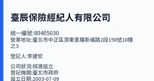 臺辰保險經紀人有限公司的照片-統編 80405030(臺北市) 公司登記資料與營業項目詳細圖表