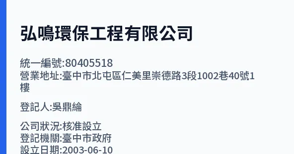 弘鳴環保工程有限公司的照片-統編 80405518(臺中市) 公司登記資料與營業項目詳細圖表
