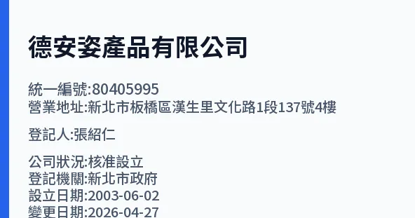 德安姿產品有限公司的照片-統編 80405995(新北市) 公司登記資料與營業項目詳細圖表