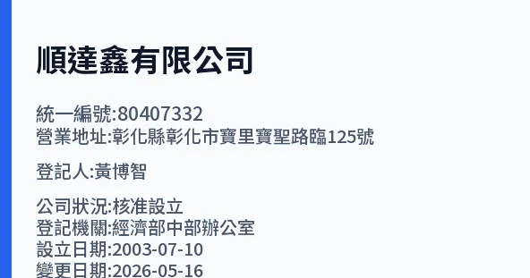 順達鑫有限公司的照片-統編 80407332(彰化縣) 公司登記資料與營業項目詳細圖表