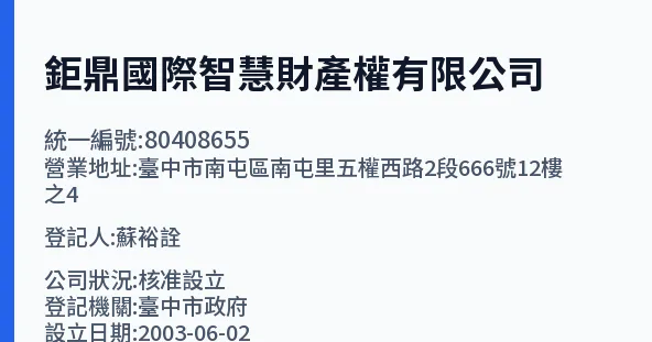 鉅鼎國際智慧財產權有限公司的照片-統編 80408655(臺中市) 公司登記資料與營業項目詳細圖表